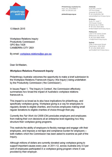 Workplace Relations Framework Inquiry Submission 2015 Philanthropy