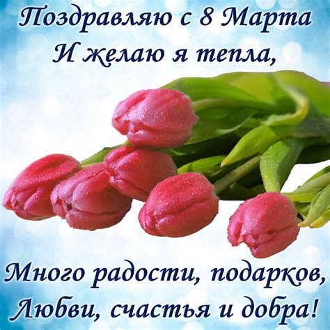 Открытка - поздравление и красивые тюльпаны на 8 марта