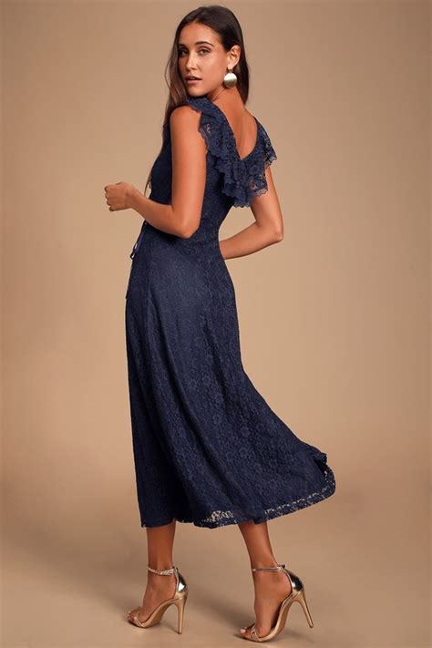 Cute Navy Blue Dress Lace Dress Midi Wrap Dress Lulus