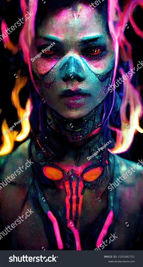 Portrait Girl Futuristic Cyberpunk Style Neon Stock Illustration