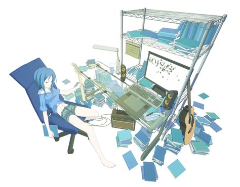 Safebooru Barefoot Blue Hair Closed Eyes Computer Guitar Instrument