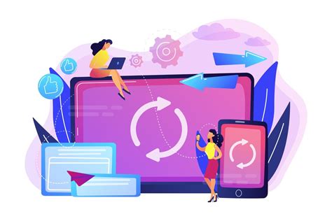 free vector user with laptop and smartphone synchronizing cross