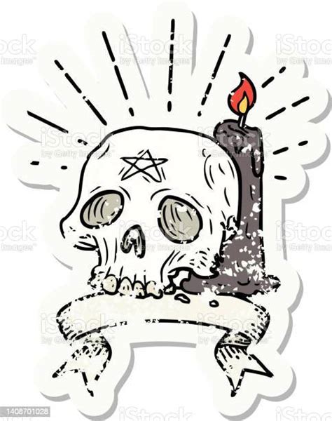 문신 스타일의 유령 같은 두개골과 촛불의 그런 지 스티커 그런지 이미지 기법에 대한 스톡 벡터 아트 및 기타 이미지 그런지
