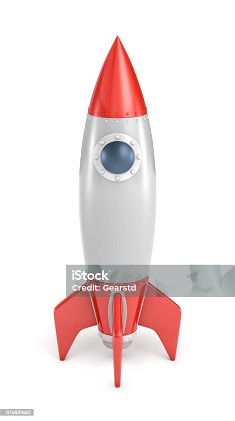 흰색 배경에 고립 된 라운드 현 창으로 단일 은색과 빨간색 로켓 우주선의 3d 렌더링 3차원 형태에 대한 스톡 사진 및 기타 이미지 3차원 형태 컷아웃 0명 Istock
