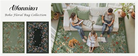 Wonnitar Washable 5x7 Area Rugs Green Floral Rugs For