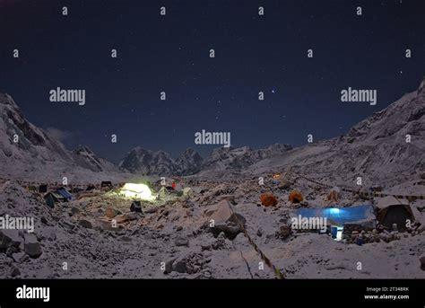 Tents Glow At Night At Everest Basecamp Khumbu Valley Nepal Stock