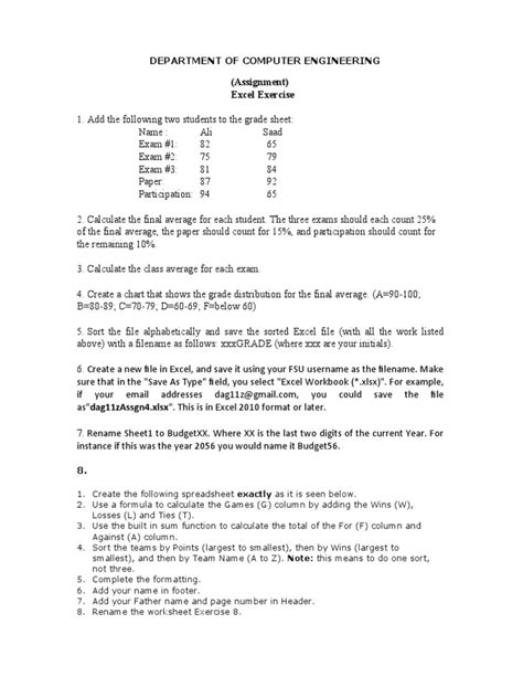 Department Of Computer Engineering Assignment Excel Exercise Pdf