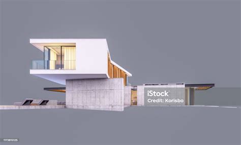 회색에 고립 된 저녁에 수영장과 언덕에 현대 집의 3d 렌더링 0명에 대한 스톡 사진 및 기타 이미지 0명 강철 개념