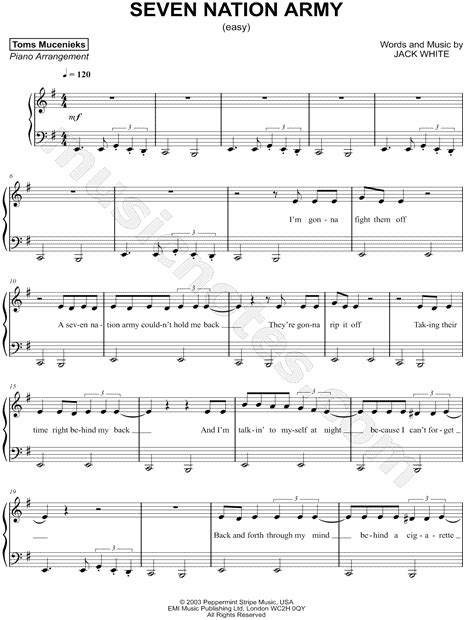 Toms Mucenieks Seven Nation Army Easy Sheet Music Easy Piano In E
