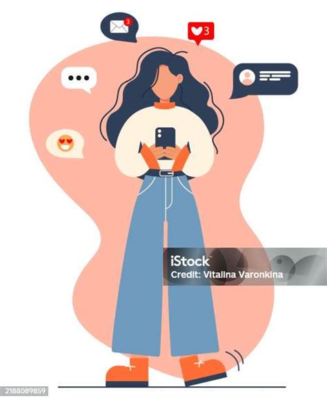 스마트 폰에서 소셜 미디어에 참여하는 젊은 여성 현대 통신 개념입니다 플랫 스타일의 벡터 일러스트 레이 션 사람들에 대한 스톡 벡터 아트 및 기타 이미지 Istock