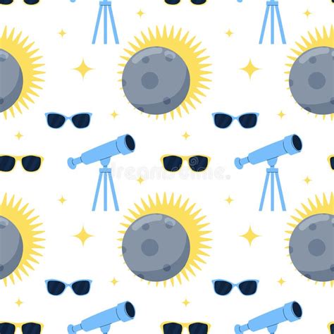 Seamless Pattern With Telescope And Lunar Solar Eclipse In Flat Cartoon Style Vector Stock