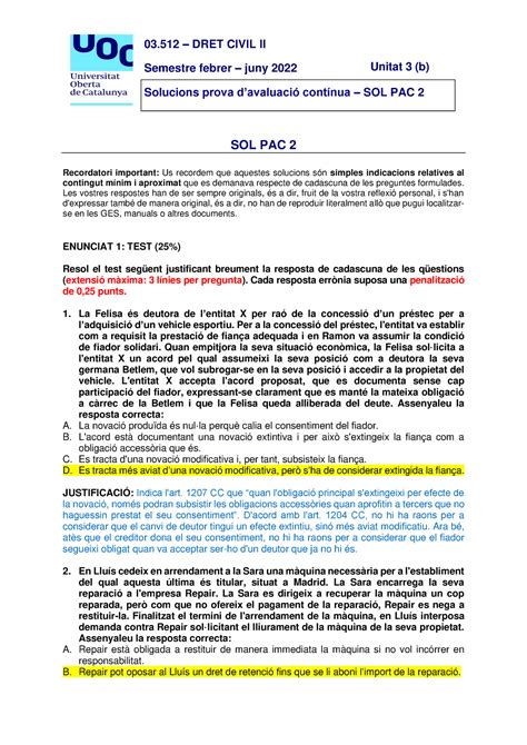 SOL PAC PAC DRET CIVIL II Semestre Febrer Juny Unitat B Solucions Prova