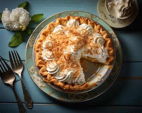 Torta De Creme De Coco Em Uma Tigela Branca Sobre Um Fundo Escuro
