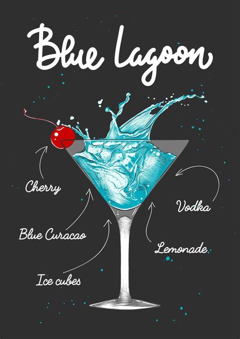 Vector Engraved Style Blue Lagoon Alcoholic Cocktail Illustration For