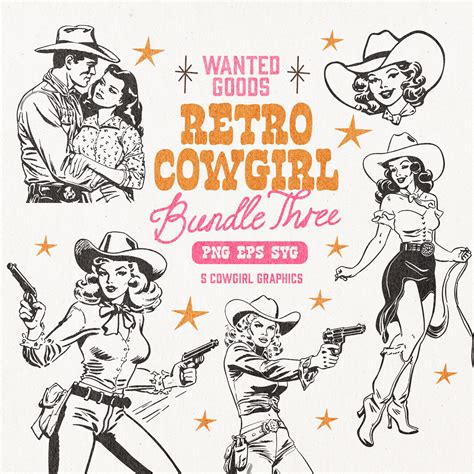 Retro Cowgirl Clipart Bundle Volume 3 Retro Cowgirl Graphics Vintage