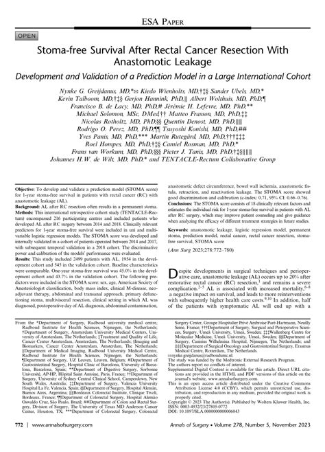 Pdf Stoma Free Survival After Rectal Cancer Resection With