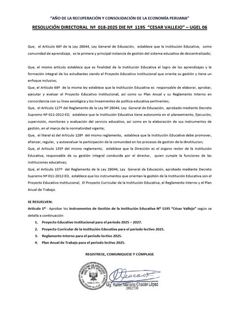 Resolución Directoral 018 2025 Gestión Educativa Pdf