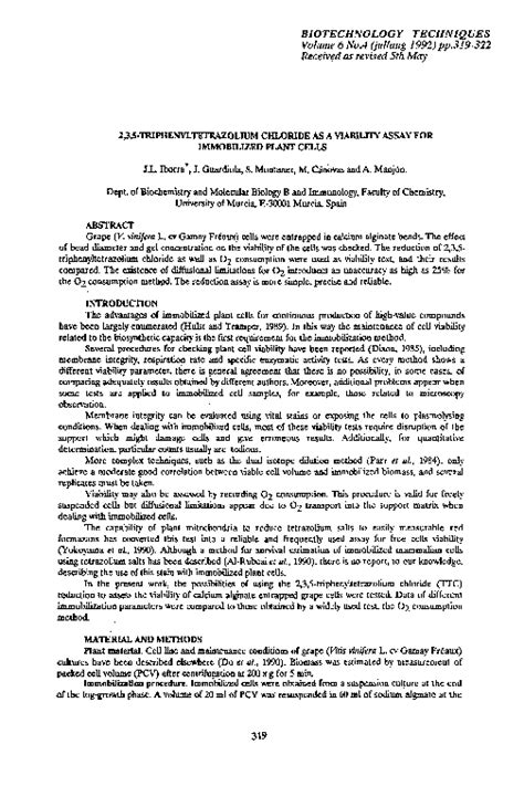 Pdf 2 3 5 Triphenyltetrazolium Chloride As A Viability Assay For Immobilized Plant Cells