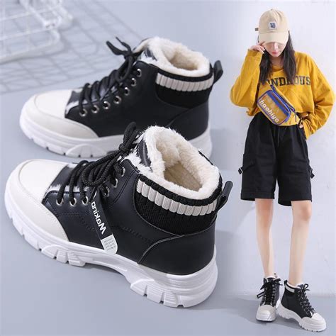 Жіноче взуття Зимове плюшеве спортивне жіноче взуття Студентське високе бавовняне взуття Чорне