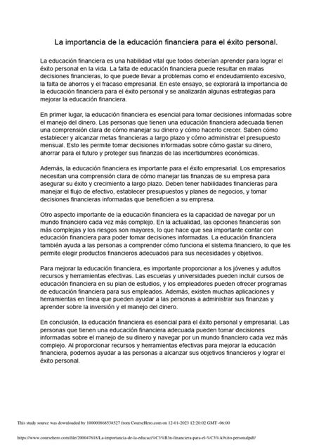 La Importancia De La Educaci N Financiera Para El Xito Personal Pdf