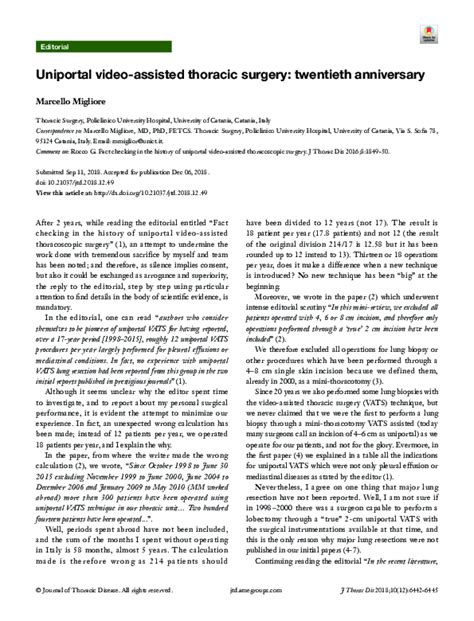 Pdf Uniportal Video Assisted Thoracic Surgery Twentieth Anniversary