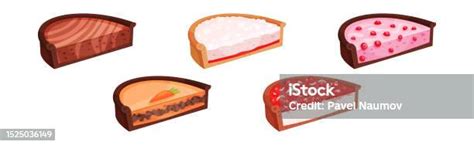 달콤한 수제 파이 또는 치즈 케이크 반쪽에 베리 필링과 크러스트가 있는 쇼트 크러스트 페이스트리 벡터 일러스트레이션 세트 개체 그룹에 대한 스톡 벡터 아트 및 기타 이미지