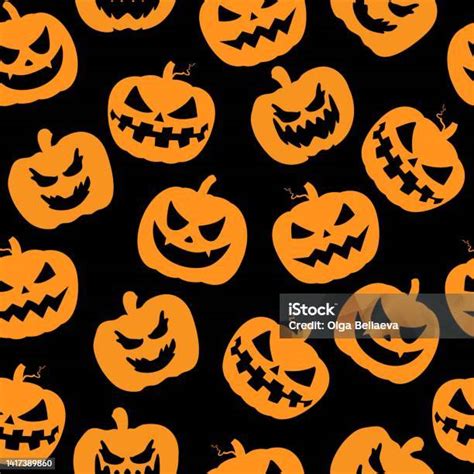 벡터 할로윈 오렌지 호박과 무서운 감정 얼굴과 매끄러운 패턴 호박 실루엣 할로윈 파티 또는 가정 장식 섬유 인쇄물의 이모티콘 만화에 대한 스톡 벡터 아트 및 기타 이미지