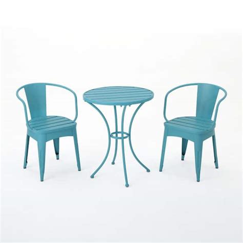 3 Pieces Blue Metal Outdoor Bistro Set With Patio Bistro Round Table