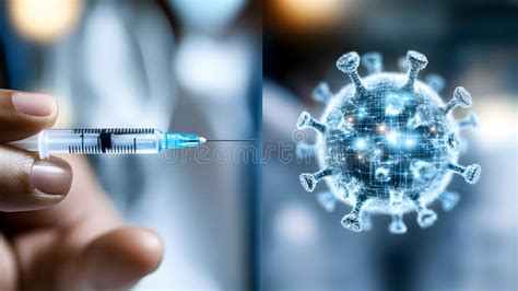 Close Up Of A Syringe With Vaccine Solution Facing A Digital Representation Of A Virus Particle