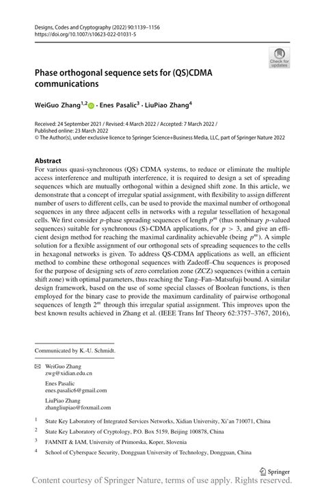 Phase Orthogonal Sequence Sets For Qscdma Communications Request Pdf