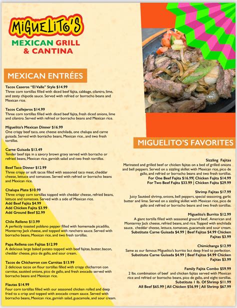 Sa Menu — Miguelitos Mexican Grill And Cantina