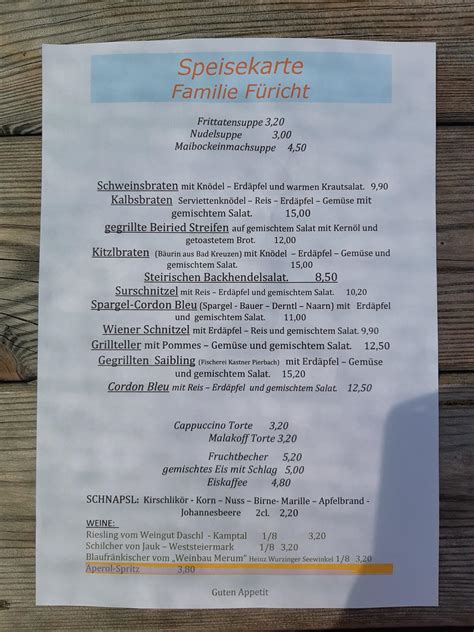 Speisekarte von Landgasthaus Raabmühle Fam Glinsner restaurant Bad Zell
