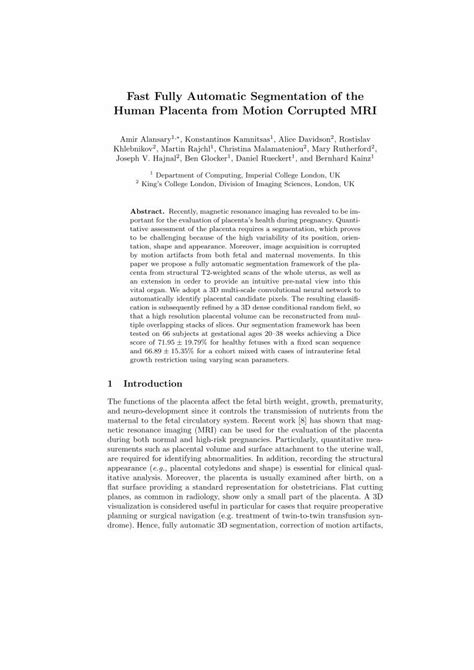 Pdf Fast Fully Automatic Segmentation Of The Human Placenta From