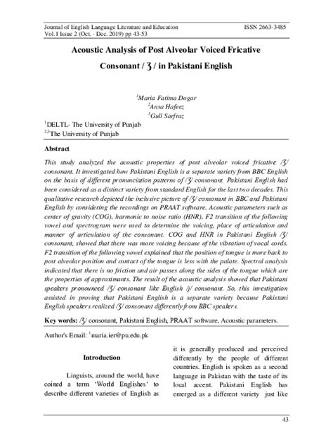 Pdf Acoustic Analysis Of Post Alveolar Voiced Fricative Consonant Ʒ In Pakistani English