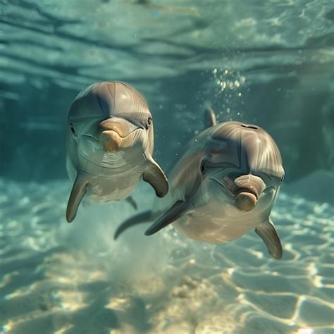 Premium Photo Two Dolphins Swimming Under The Water With Bubbles In