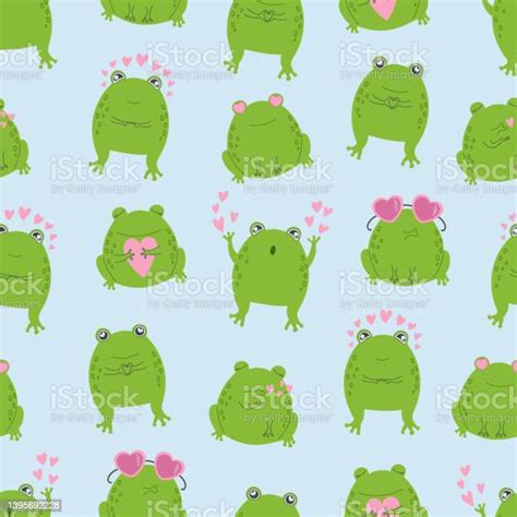 사랑에 만화 귀여운 개구리와 원활한 패턴 직물 벽지 종이를위한 녹색 양서류가있는 장식 개구리에 대한 스톡 벡터 아트 및 기타 이미지 개구리 귀여운 그래픽 프린트