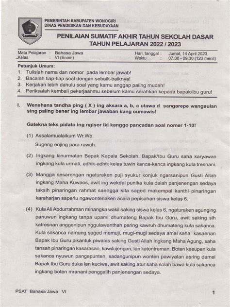 Pat Kls 6 Tp 2022 2023 Bhs Jawa Pdf