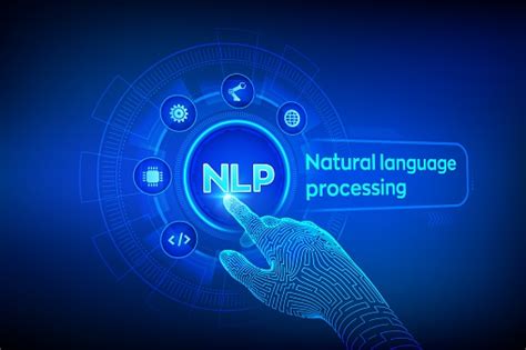 Nlp 가상 화면에서 자연어 처리 인지 컴퓨팅 기술 개념 자연어 Scince 개념 디지털 인터페이스를 만지는 로봇 손 벡터