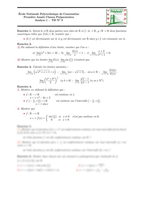 SOLUTION Analyse 1 Exercices fonctions réelles dune variable réelle