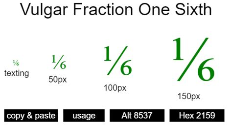 Vulgar Fraction One Sixth Symbol And Codes