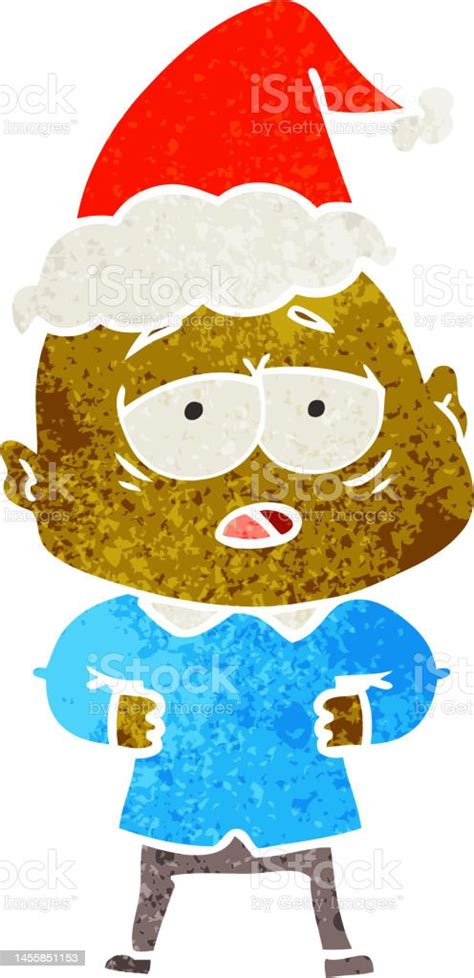 산타 모자를 쓰고 피곤한 대머리 남자의 손으로 그린 복고풍 만화 기진맥진에 대한 스톡 벡터 아트 및 기타 이미지 기진맥진