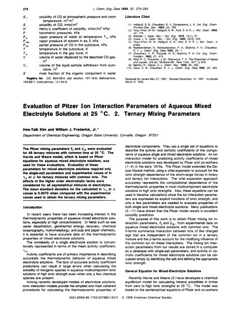 Pdf Evaluation Of Pitzer Ion Interaction Parameters Of Aqueous Mixed Electrolyte Solutions At