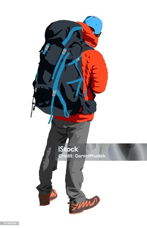 부츠 한 켤레와 파란색 모자를 쓰고 등에 큰 배낭을 메고 빨간 재킷을 입은 등산객 벡터 삽화 에베레스트 산에 대한 스톡 벡터