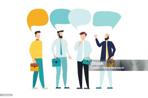 벡터 일러스트 플랫 스타일 사람들이 이야기합니다 흰색 배경에 생각을 가진 사업가 벡터 Brand Name Online Messaging Platform에 대한 스톡 벡터