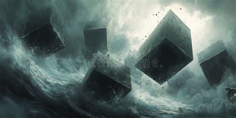 Surreal Floating Cubes In Stormy Ocean Waves Under Dramatic Sky Stock Illustration