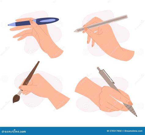 Human Hand Holding Pencil Pen Stylus And Paintbrush Concept Of Back