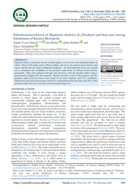 Pdf Ethnobotanical Survey Of Hyphaene Thebaica L Products And Their Uses Among Inhabitants