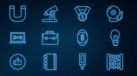 세트 라인 주판 아이디어 개념이 있는 전구 메달 서류 가방 칠판 자석 미식축구 공 현미경 아이콘 벡터 3위에 대한 스톡 벡터