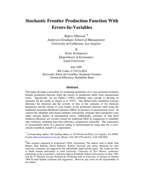 Pdf Stochastic Frontier Production Function With Errors In Variables