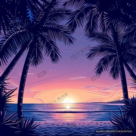 Ai创作图海上落日插画 日落夕阳插画 插画落日 插画夕阳 日出风景插画 海边夕阳椰树 插画日落 夕阳手绘 海边风景插画 蓝天晚霞大海椰树 唯美